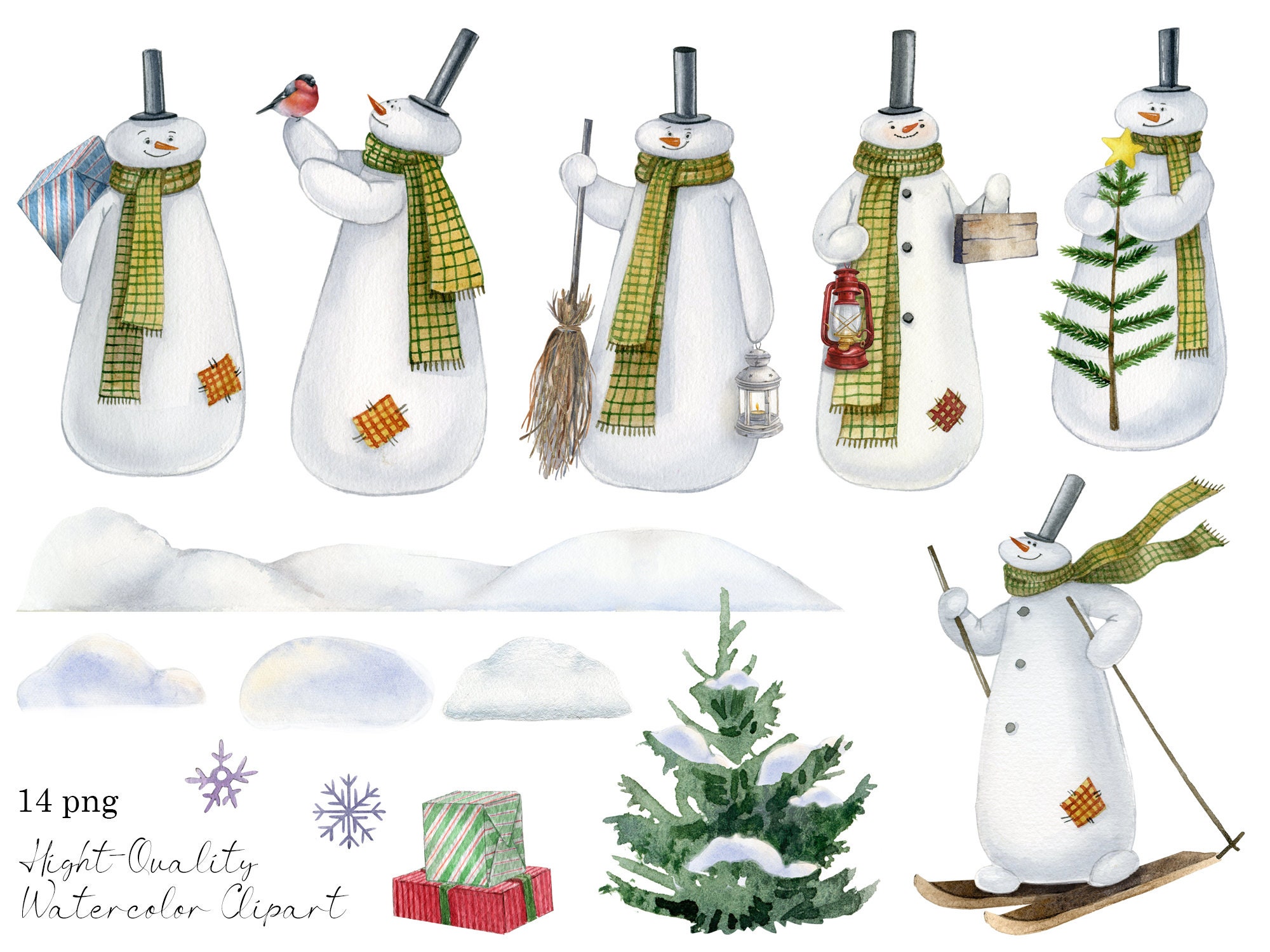 Watercolor Snowman Clipartchristmas Clipartcute Snowman With - Etsy