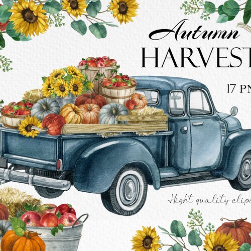 Harvest Truck. Watercolor Autumn Clipart Pumpkins Car - Etsy