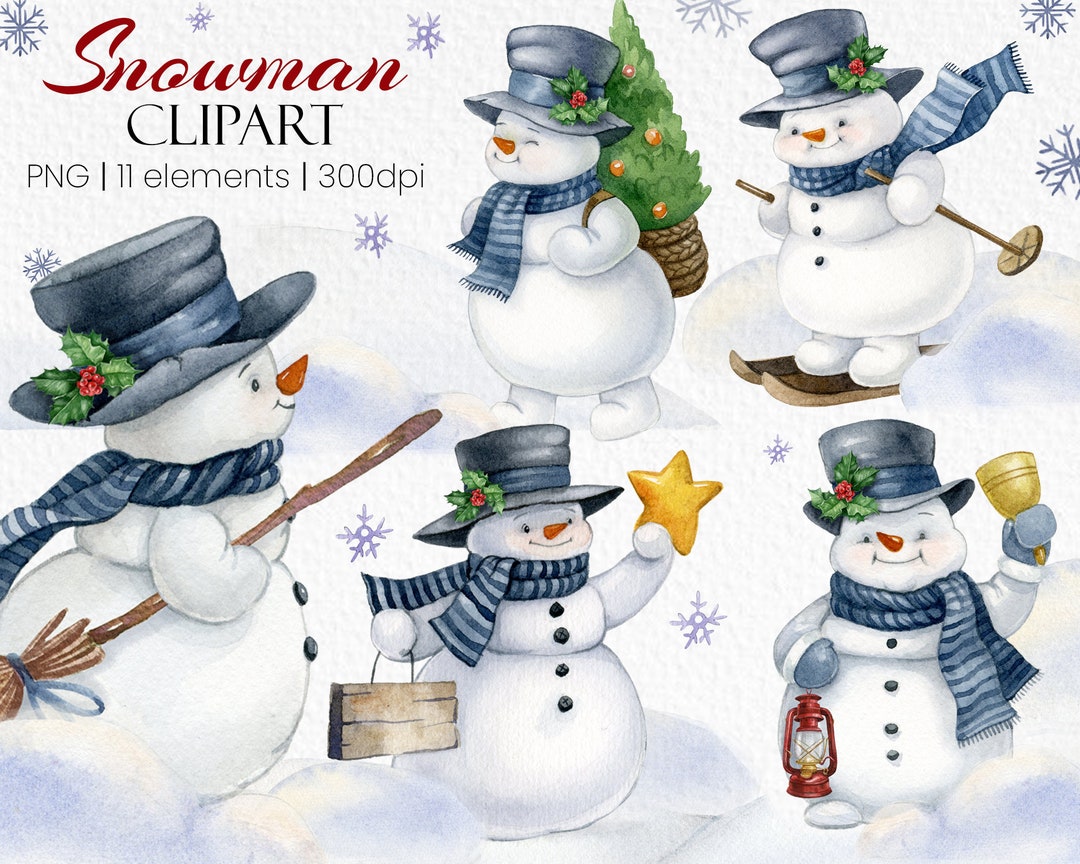 Watercolor Snowman Clipart,christmas Clipart,cute Snowman With Scarf ...
