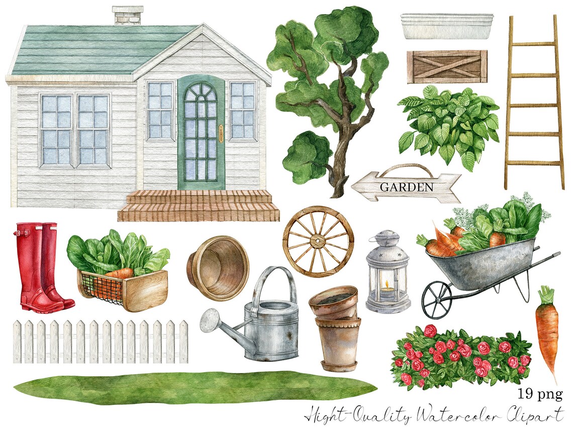Watercolor Gardening Clipart.cottagefarm House Logo.spring - Etsy