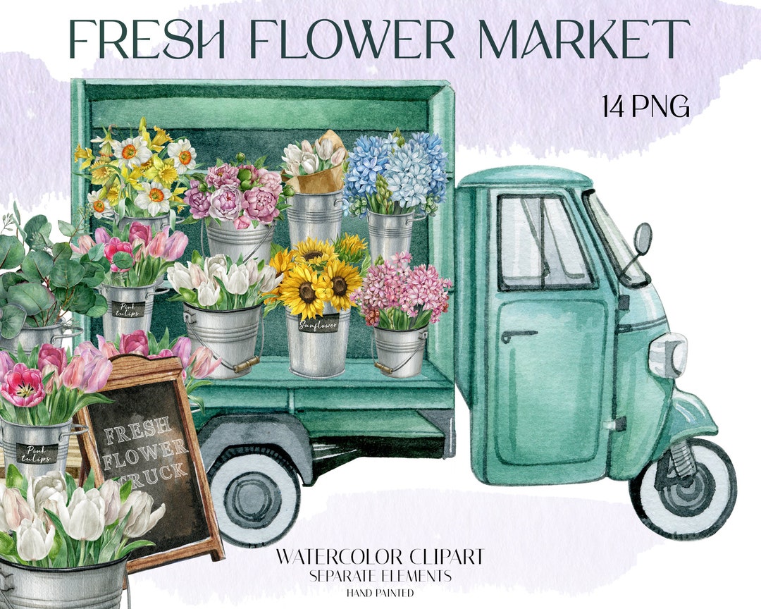 Watercolor Flower Market Car Clipart,spring Flower Truck, Flower Stand ...