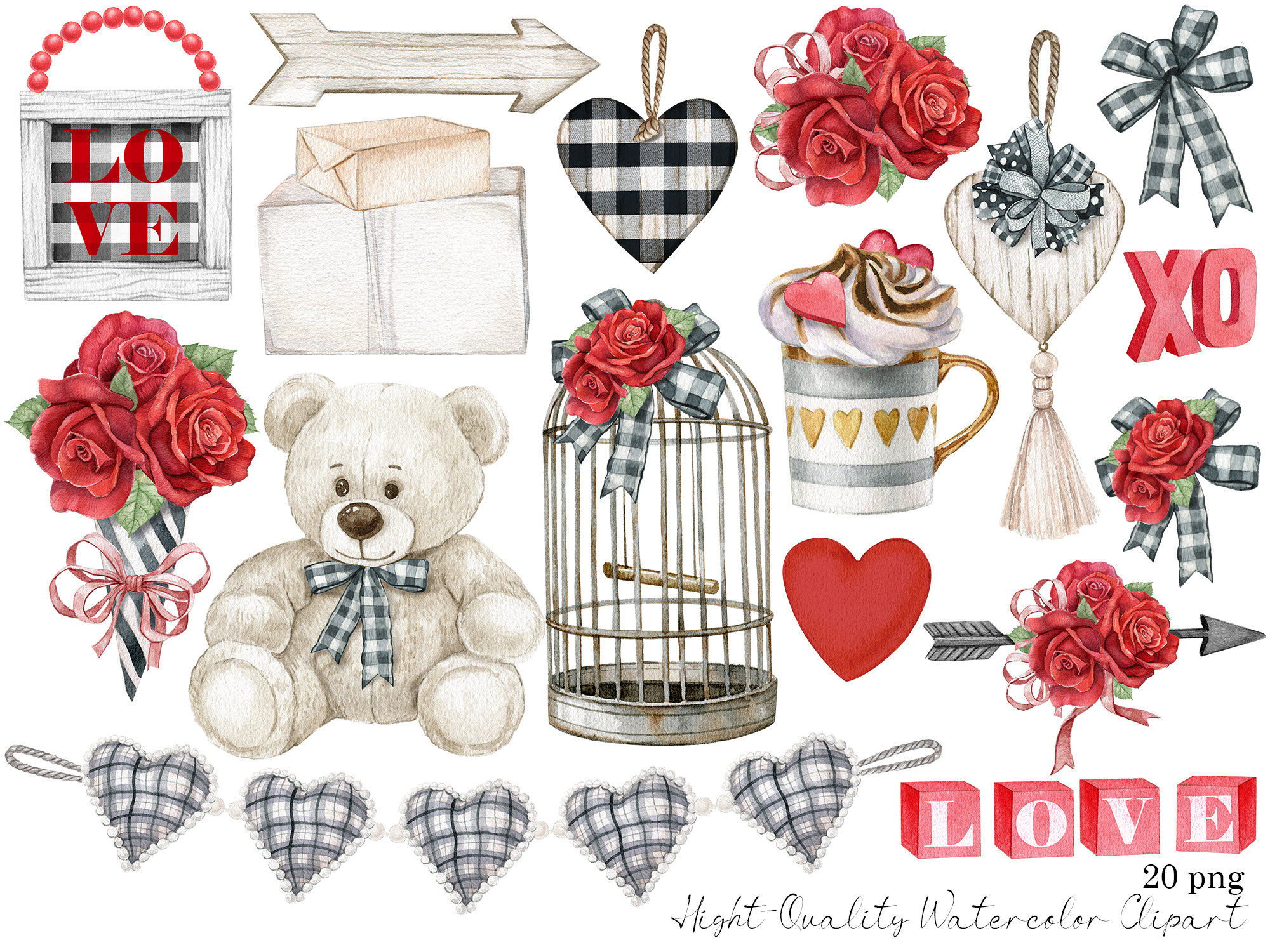 Watercolor Valentines Clipart.red Roses Bouquet Clipartwhite | Etsy