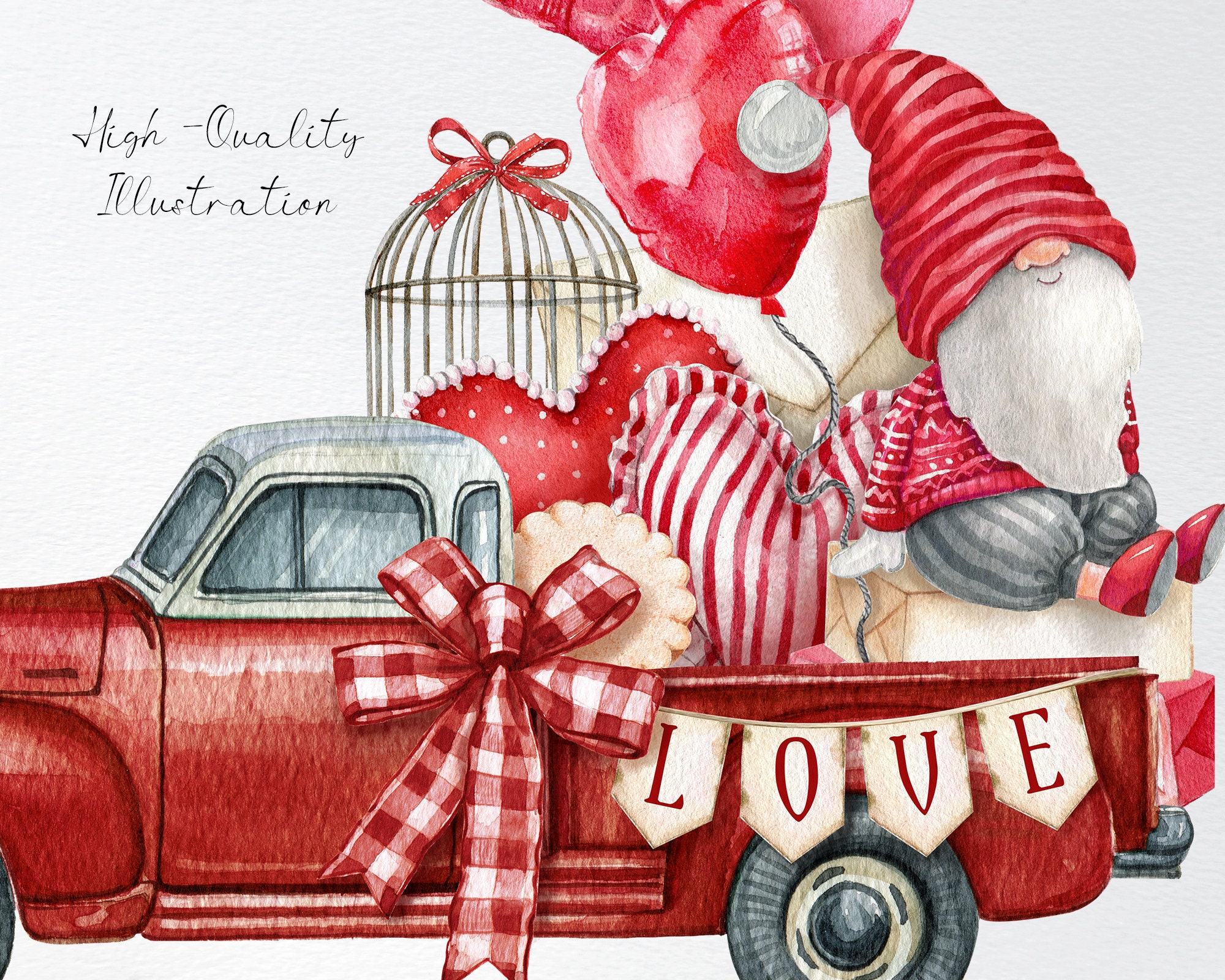 Valentine Gnome Truck Clipartwatercolor Valentine's - Etsy
