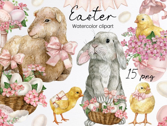 Watercolor Easter Clipart Easter Bunny Clipart Egg Basket | Etsy