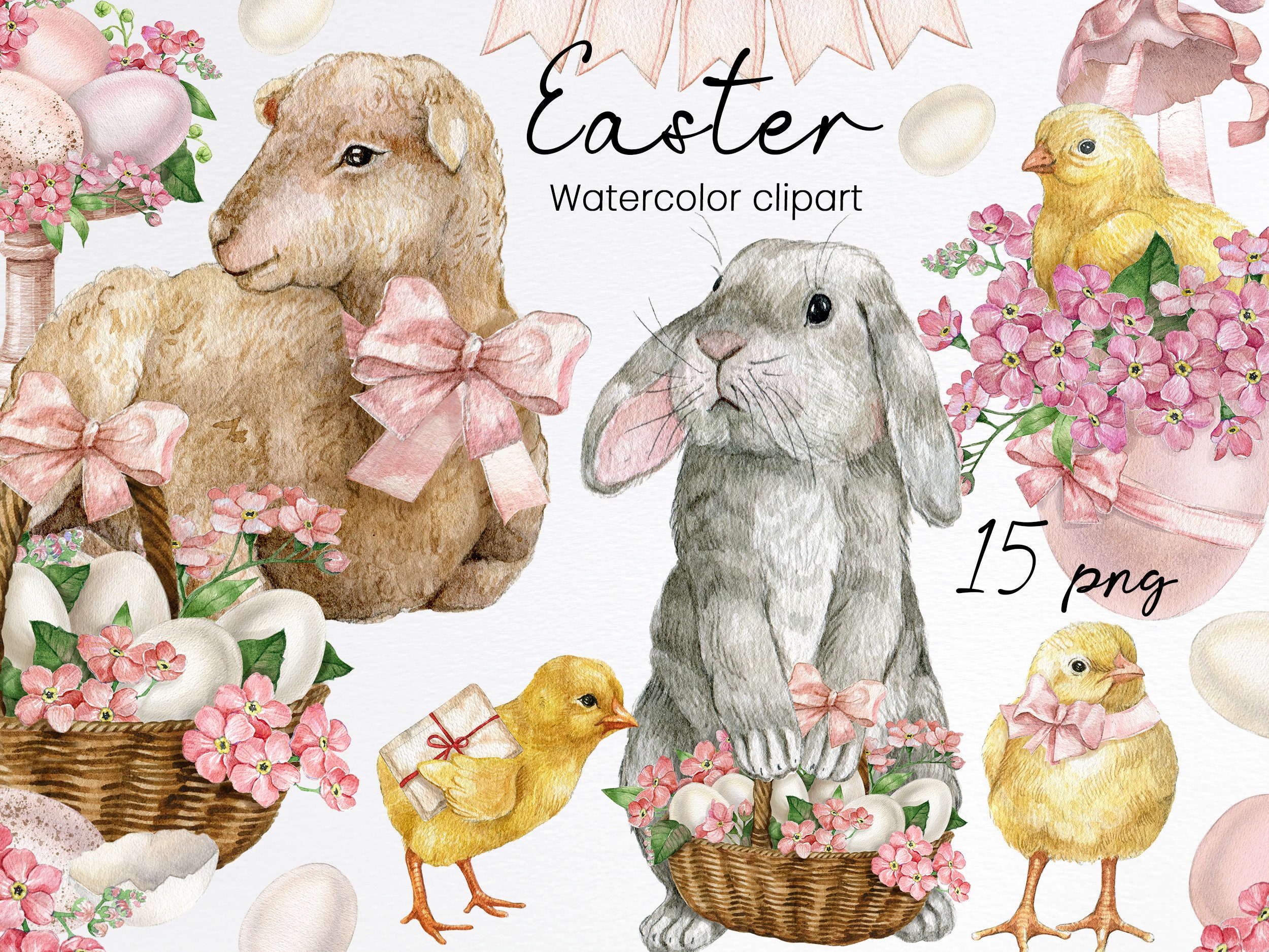 Watercolor Easter Clipart Easter Bunny Clipart Egg Basket | Etsy