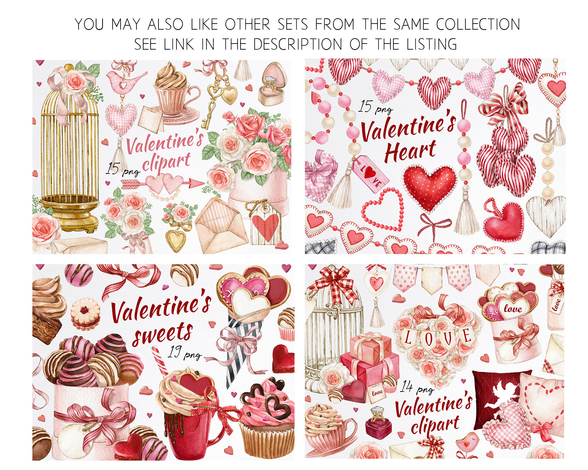 Watercolor Valentines Clipart.red Roses Bouquet Clipartwhite | Etsy