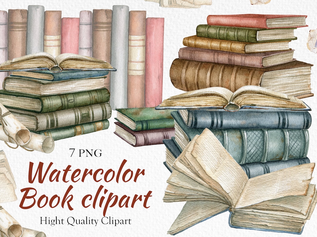 Watercolor Book Clipart,vintage Books Stack,study Items Clip Art ...
