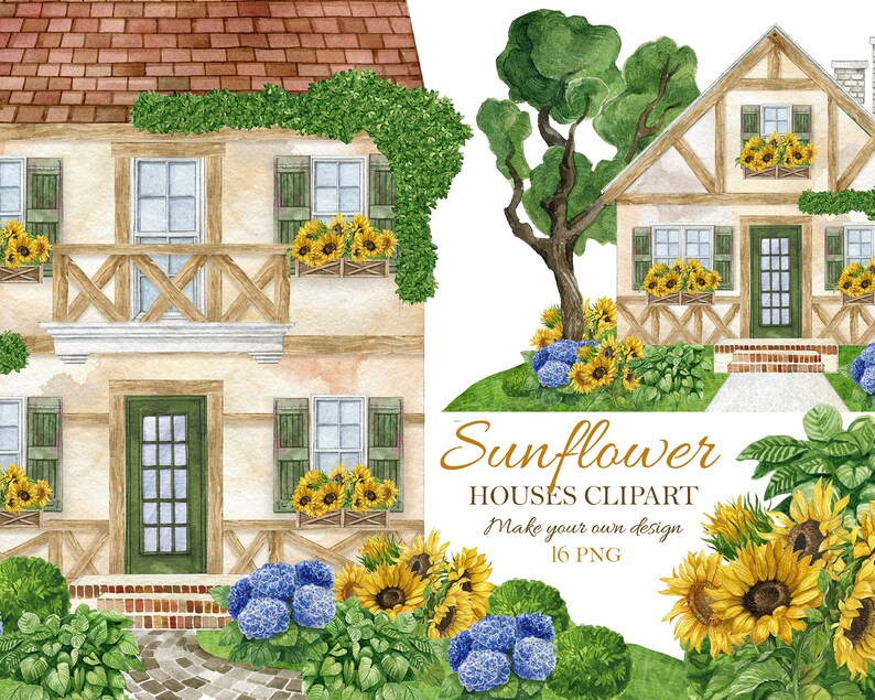 Watercolor Farmhouse Clipartsunflower Garden Pngrusty Wooden | Etsy