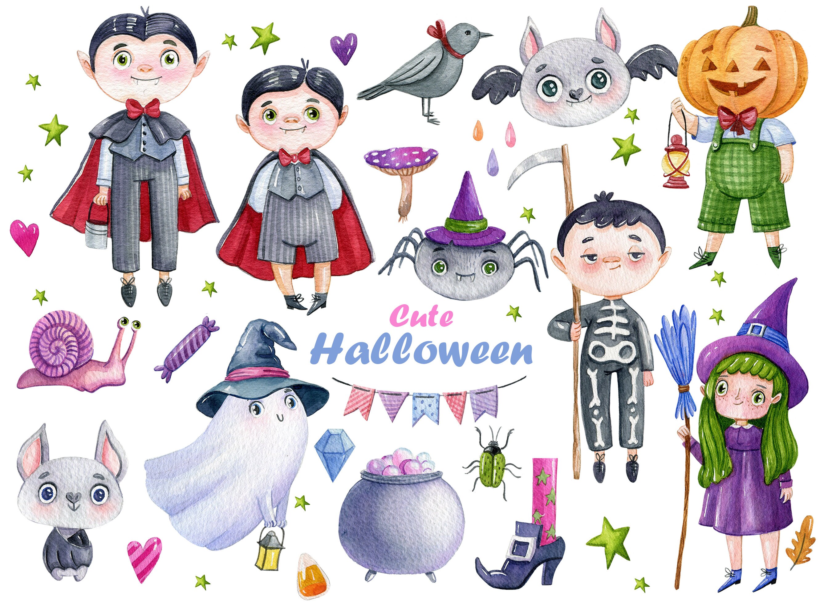 Watercolor Halloween Clipartcute Witch Clipartghost - Etsy