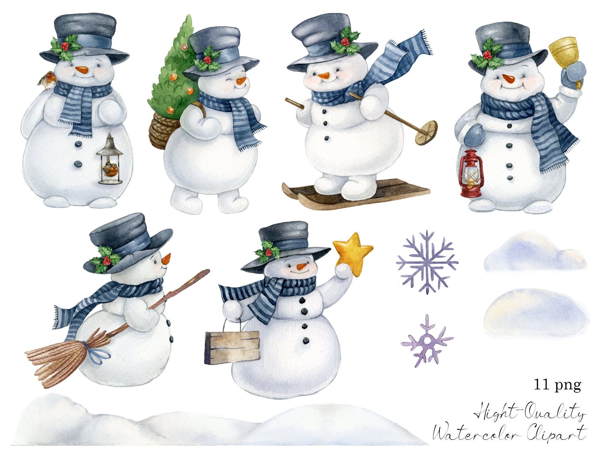 Watercolor Snowman Clipartchristmas Clipartcute Snowman With - Etsy