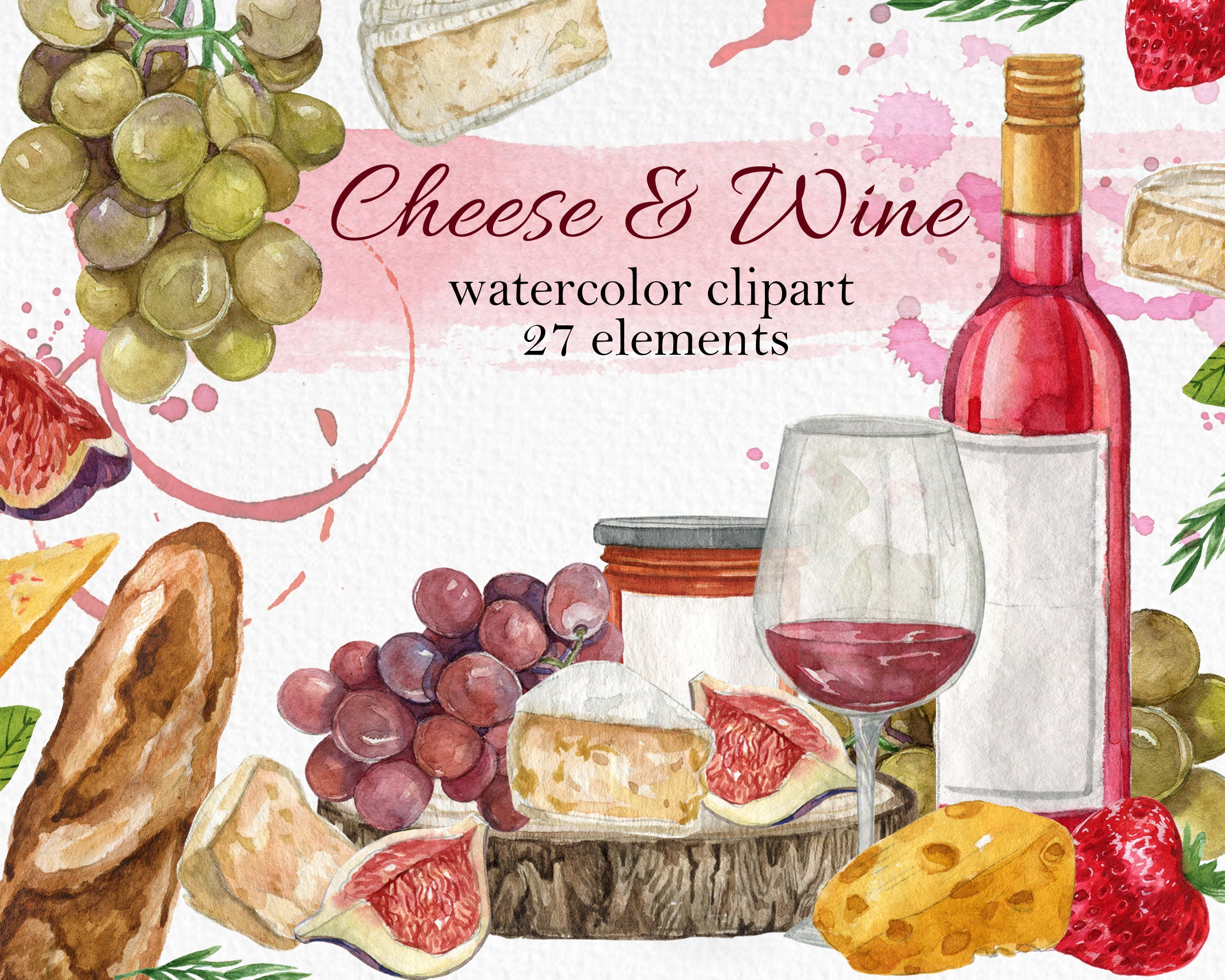 Watercolor Wine & Cheese Clipartpicnic Food Clipartcheese - Etsy