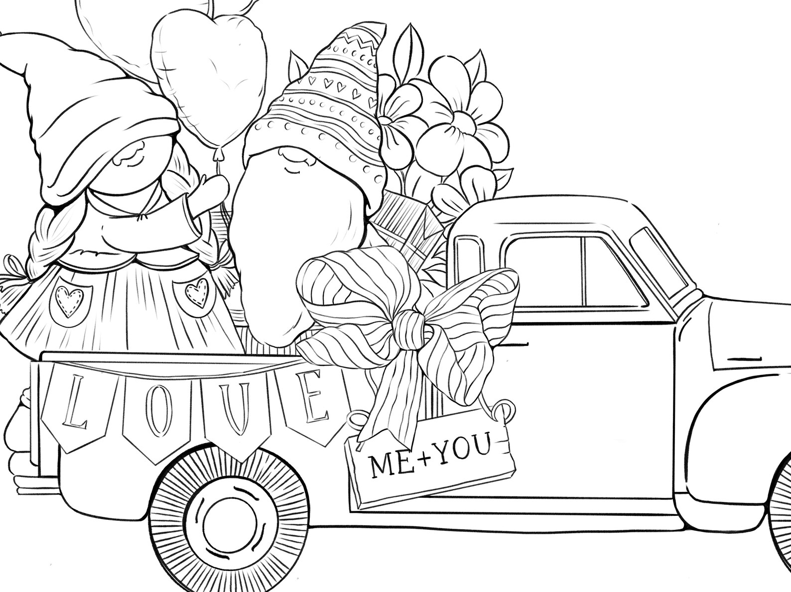 Valentine Gnome Truck Adult Coloring Pagelove Coloring Page - Etsy