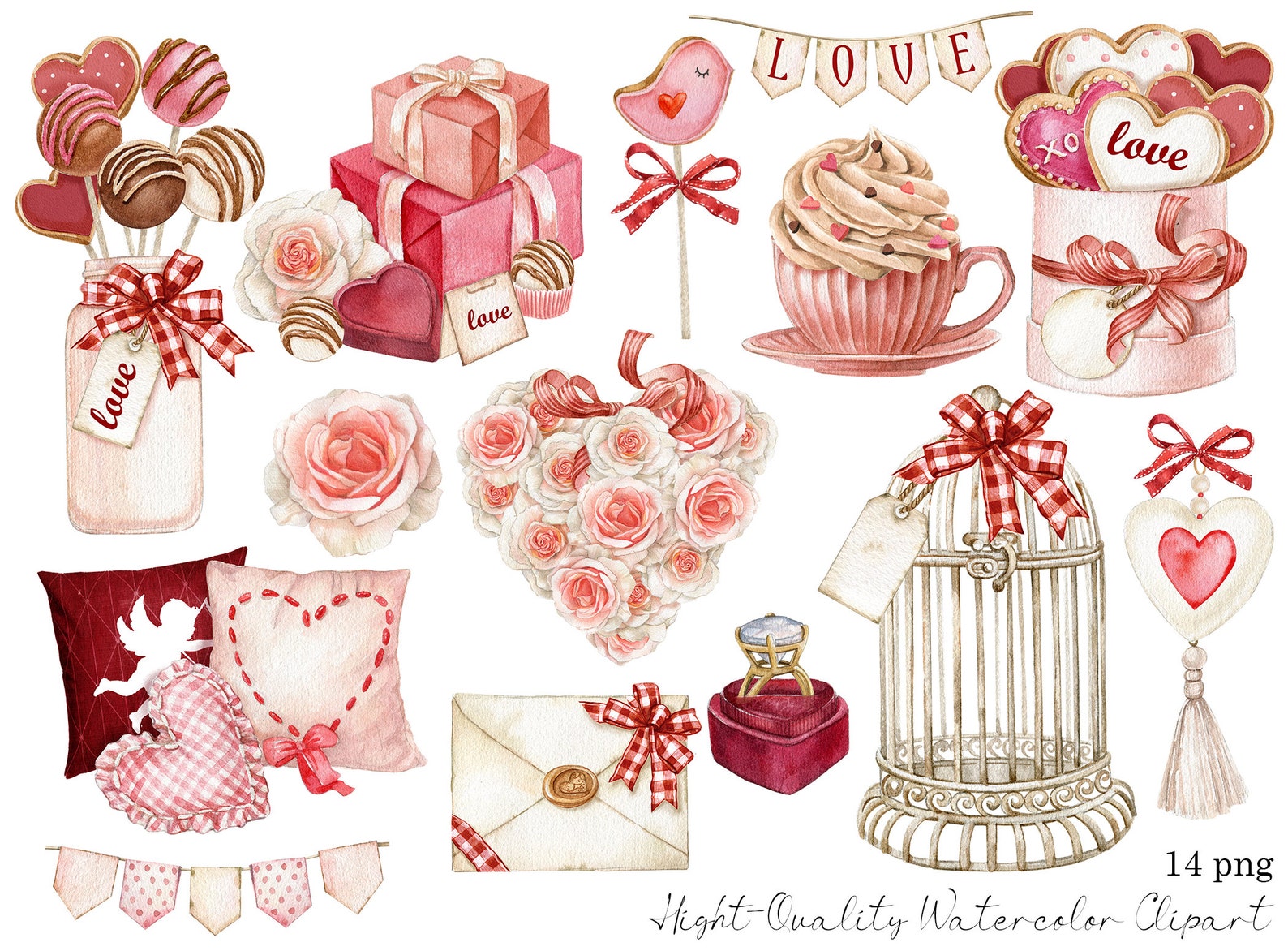 Watercolor Valentines Day Clipart.rose Flower Clipartcake | Etsy