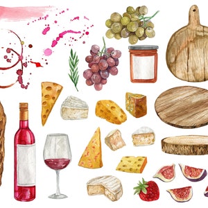 Watercolor Wine & Cheese Clipart,picnic Food Clipart,cheese Board ...