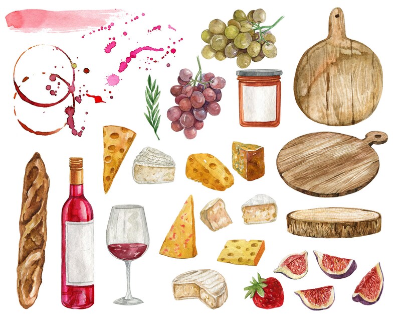 Watercolor Wine & Cheese Clipartpicnic Food Clipartcheese - Etsy