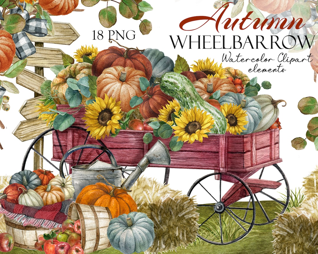 Watercolor Pumpkin Wagon Clipart, Fall Harvest Wheelbarrow Clipart ...