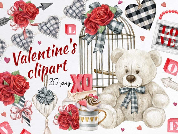 Watercolor Valentines Clipart.red Roses Bouquet Clipartwhite - Etsy
