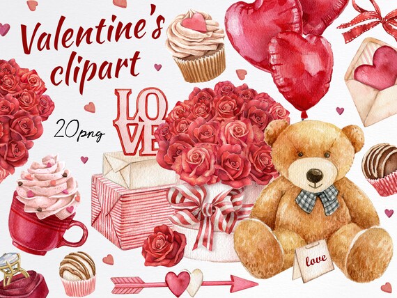 Watercolor Valentines Clipart.red Roses Bouquet Clipartteddy | Etsy