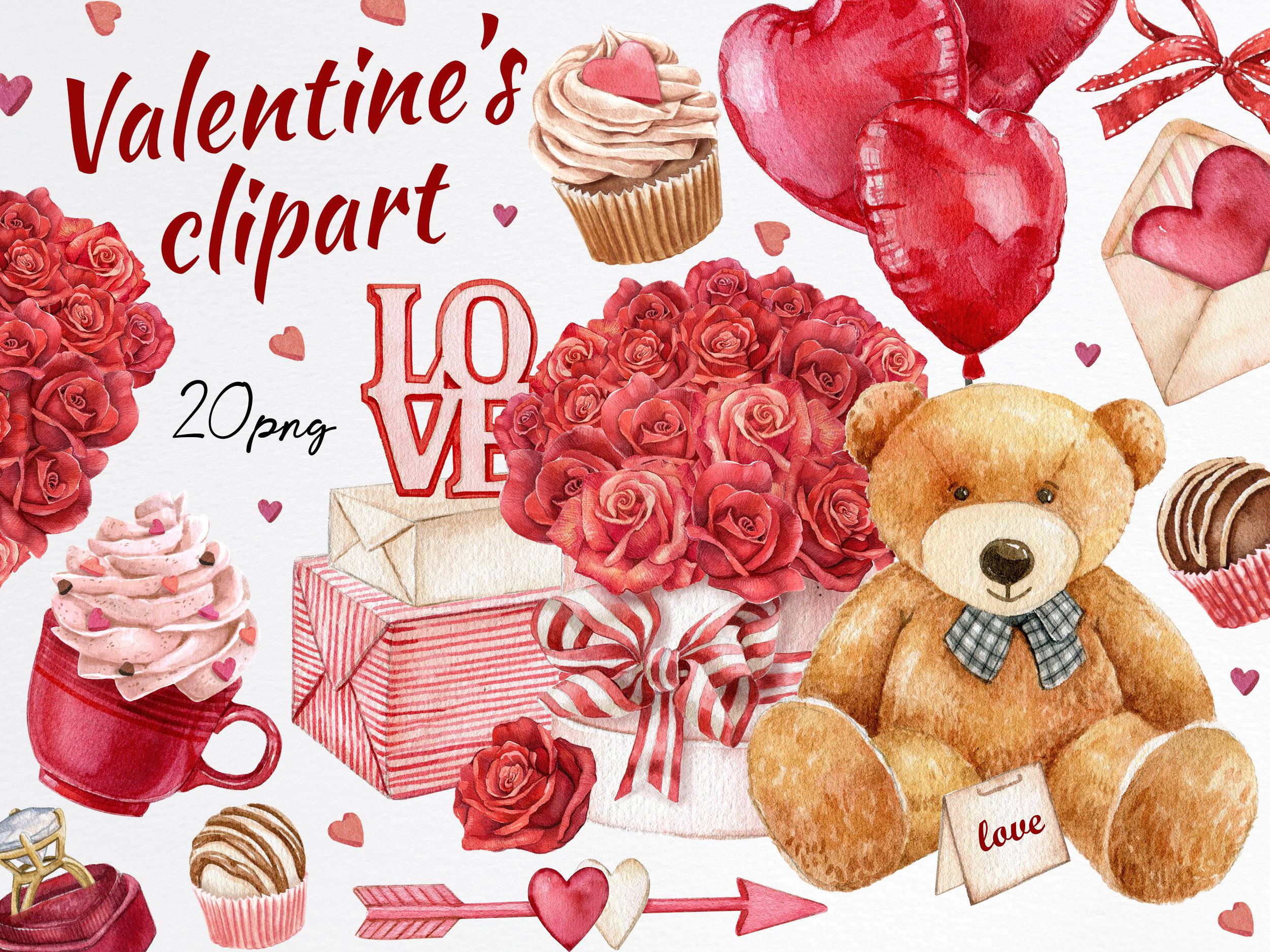 Watercolor Valentines Clipart.red Roses Bouquet Clipartteddy | Etsy