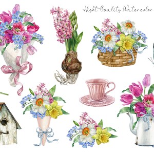 Watercolor Spring Flowers Clipart,pink Tulip Bouquet,narcissus Clipart ...