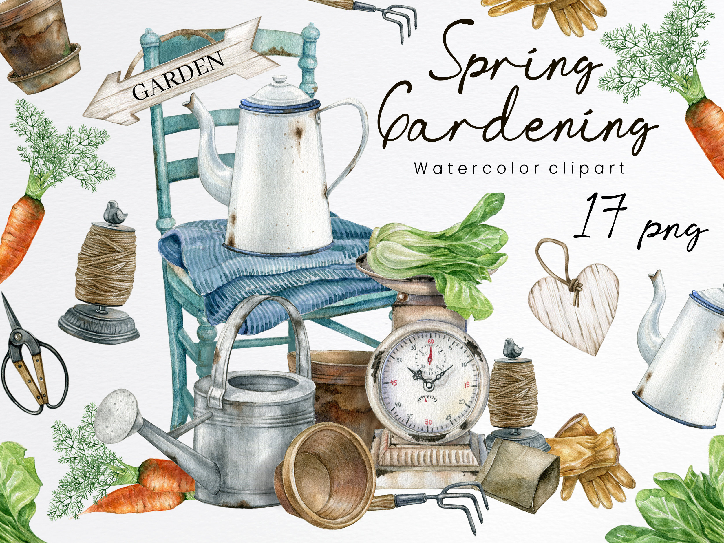 Watercolor Garden Tools Clipartcountry Farm - Etsy