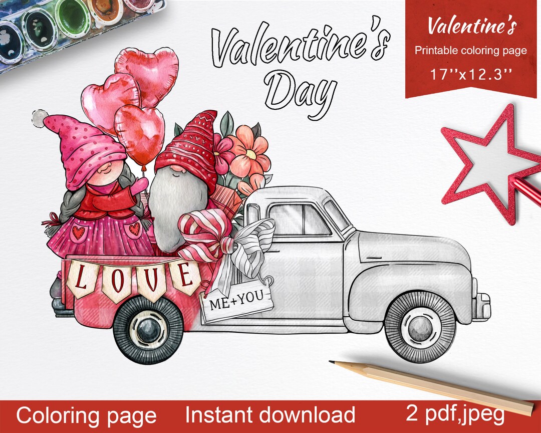 Valentine Gnome Truck Adult Coloring Page,love Coloring Page for Kids ...