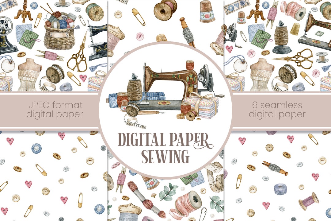 Watercolor Sewing Digital Paper Pack,vintage Sewing Machine Seamless ...