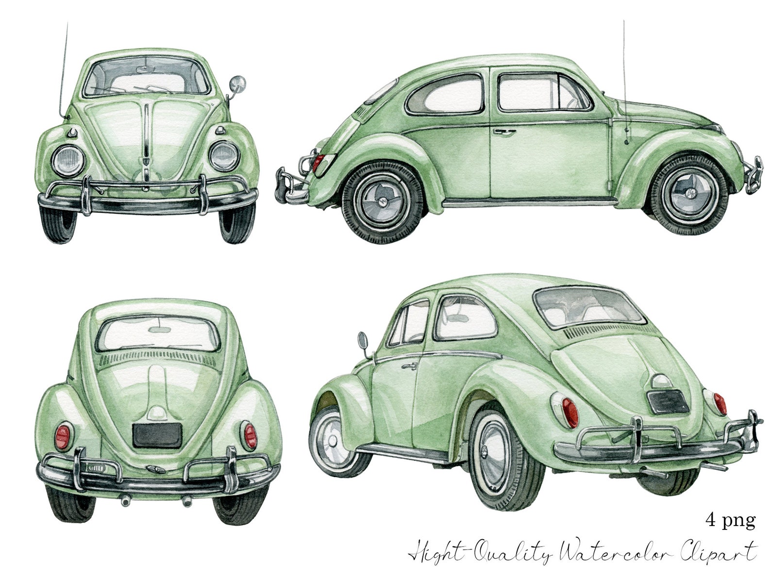 Watercolor Retro Car Clipart.vintage Classic Wedding Carmint - Etsy