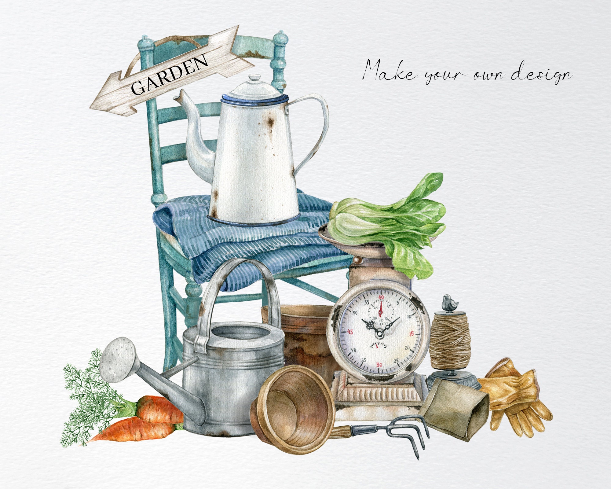 Watercolor Garden Tools Clipartcountry Farm - Etsy