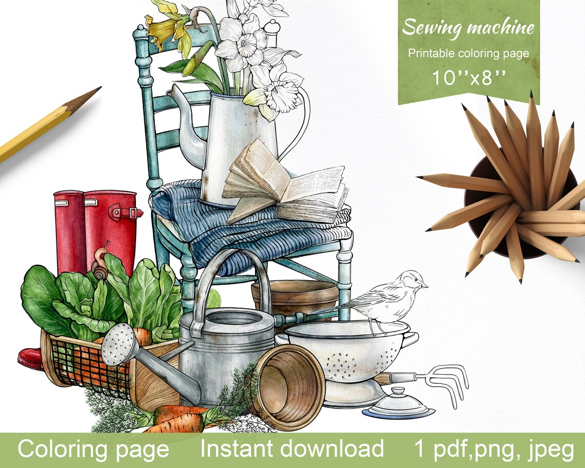 Spring Gardening Adult Coloring Page Farmhouse Cottage Core - Etsy