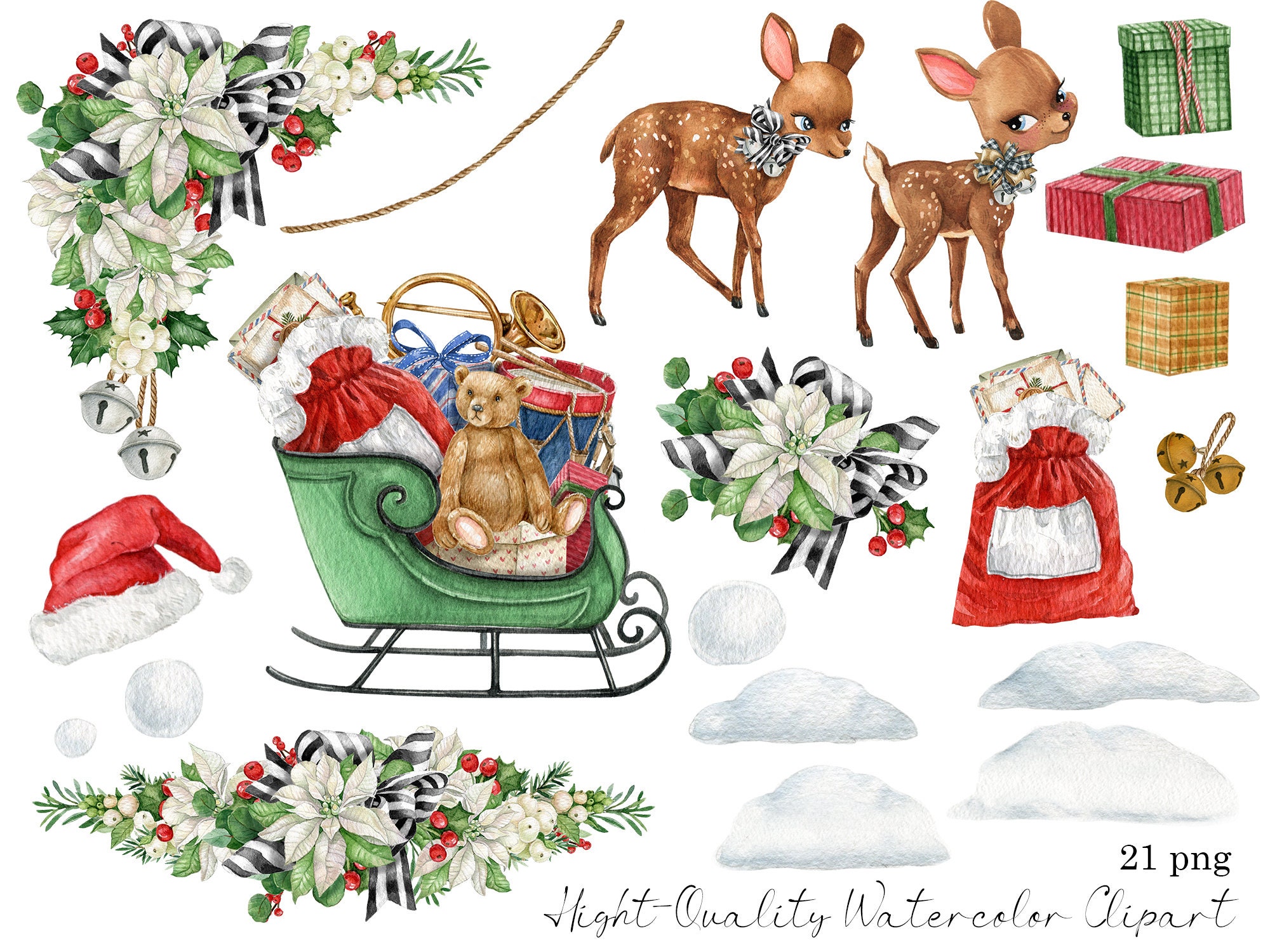 Christmas Sleigh Clipart.reindeer Clipartwatercolor Green | Etsy