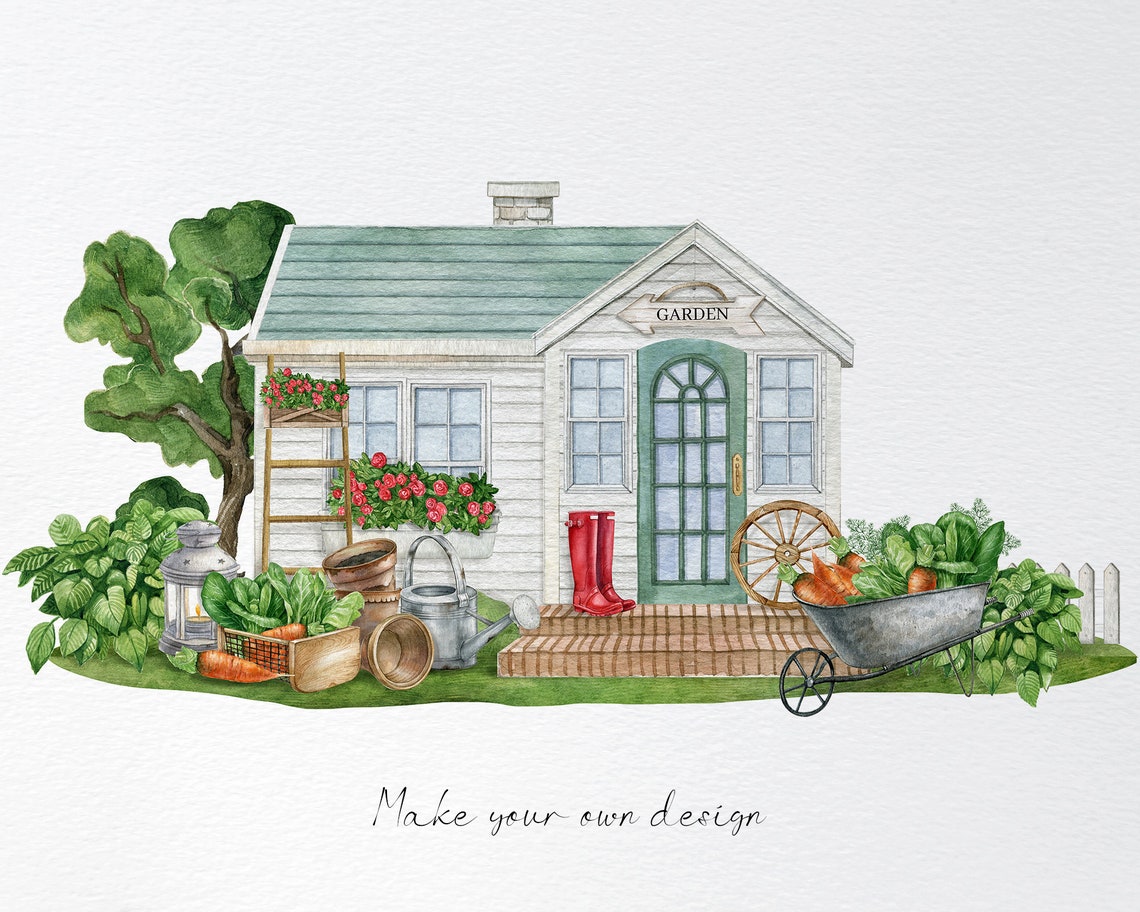 Watercolor Gardening Clipart.cottagefarm House Logo.spring - Etsy