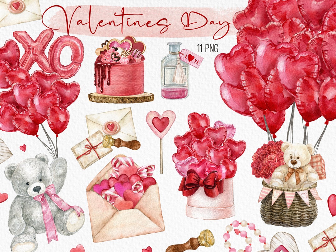 Watercolor Valentine's Day Clipart,heart Shape Hot Air Balloon,teddy ...