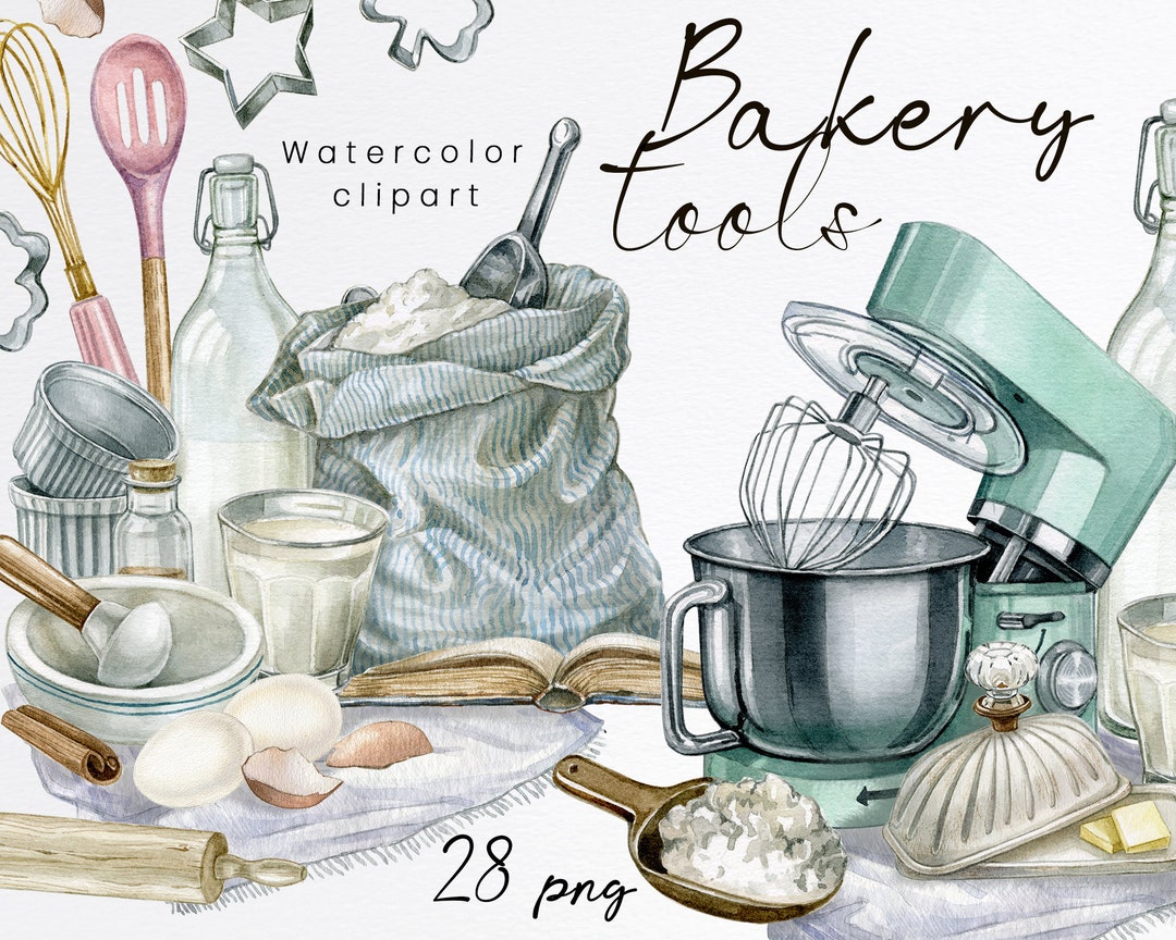 Watercolor Bakery Clipart.baking Supplies Clipart,bakery Logo Design ...