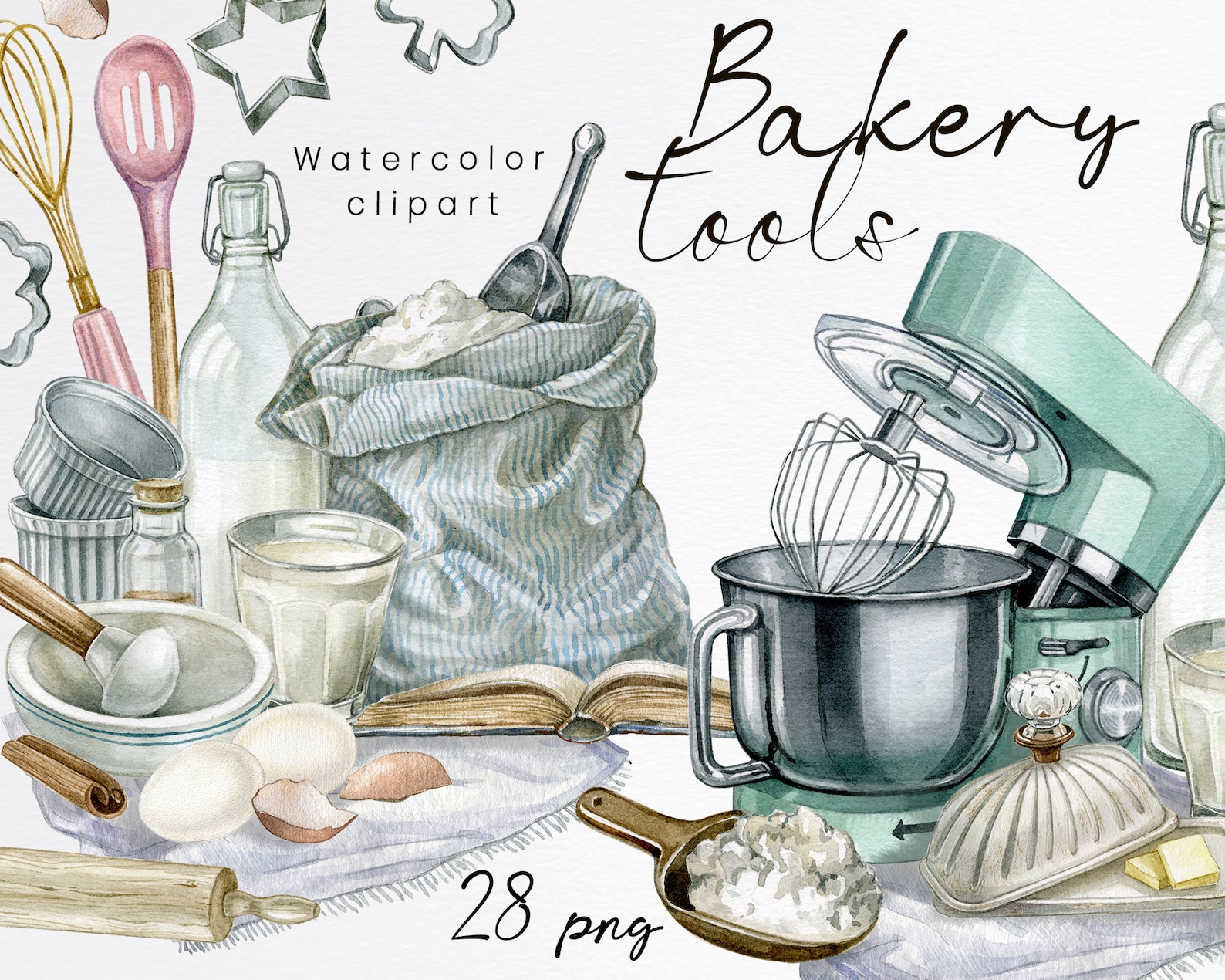 Watercolor Bakery Clipart.baking Supplies Clipart,bakery Logo Design ...