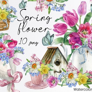 Watercolor Spring Flowers Clipart,pink Tulip Bouquet,narcissus Clipart ...