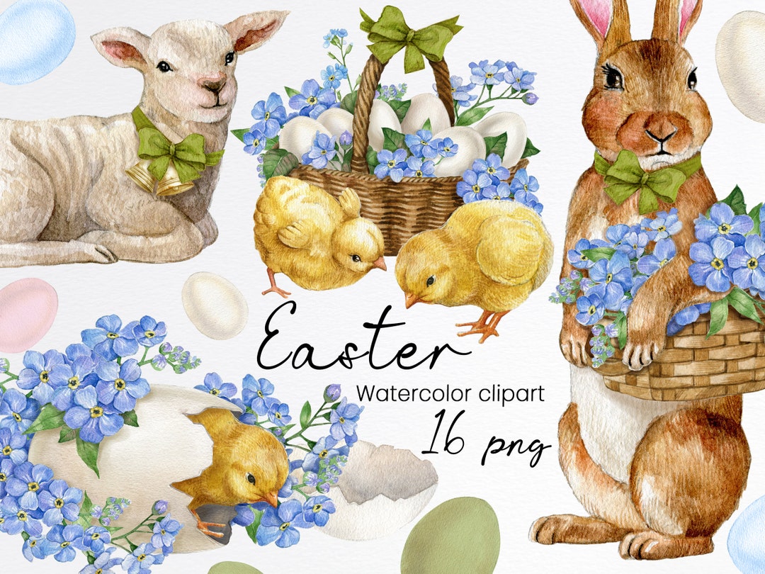 Watercolor Easter Clipart, Easter Bunny Clipart, Egg Basket, Chick ...