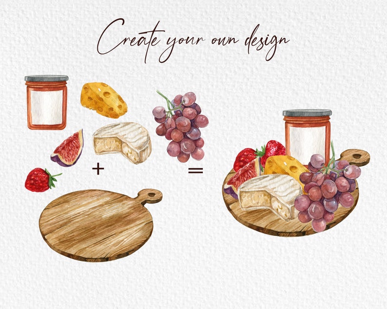 Watercolor Wine & Cheese Clipartpicnic Food Clipartcheese - Etsy