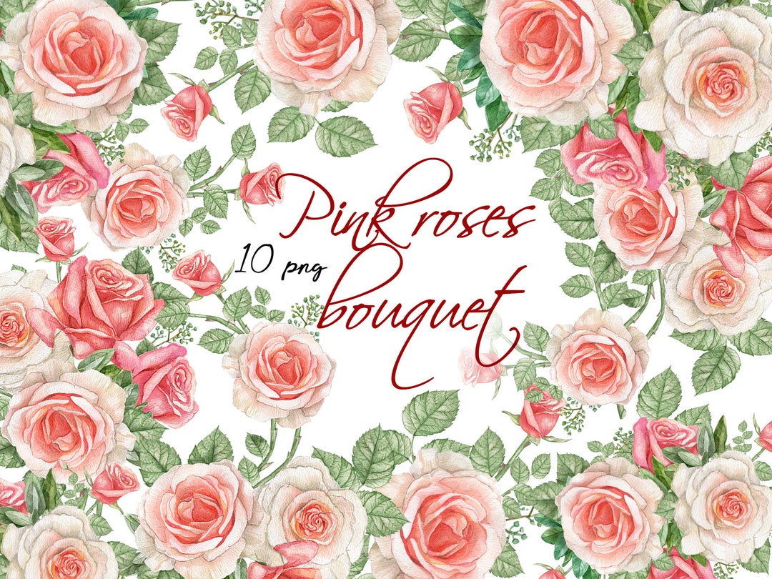 Watercolor Pink Rose Flower Clipart,pastel Rose Bouquet,floral Border ...