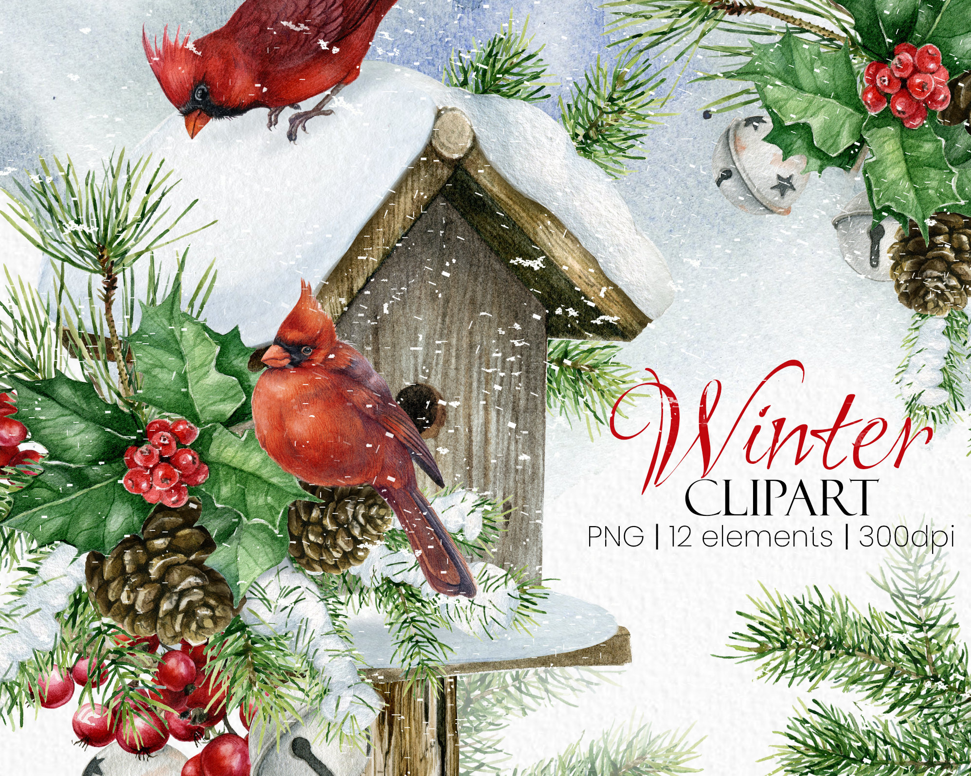 Watercolor Christmas Clipartcardinal Bird Clipartwinter Bird - Etsy
