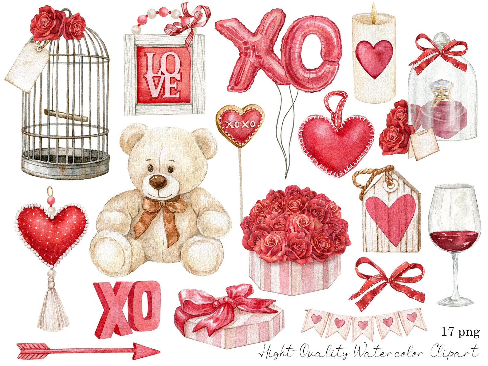 Watercolor Valentines Clipart.red Roses Bouquet Clipartteddy - Etsy
