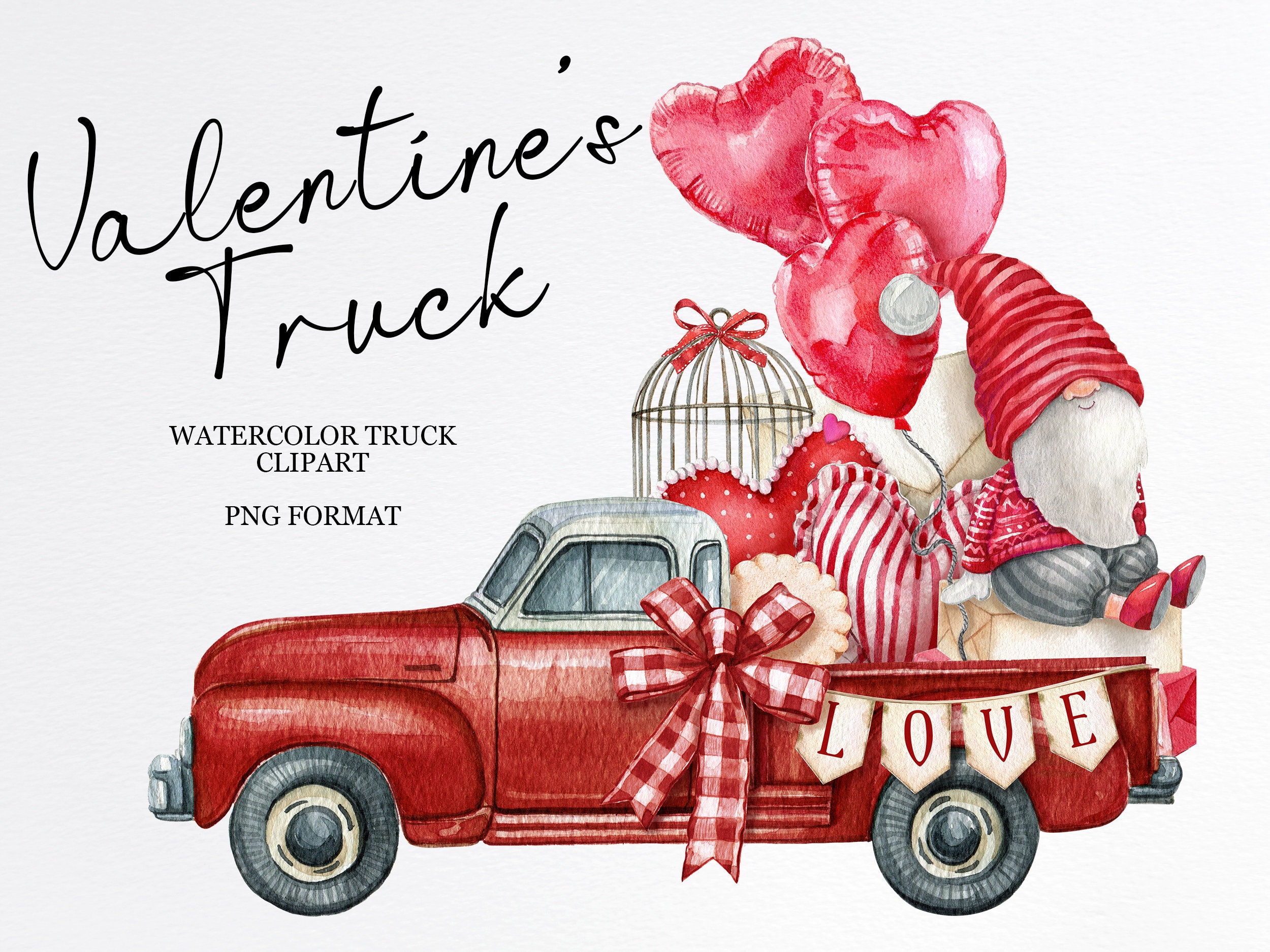 Valentine Gnome Truck Clipartwatercolor Valentine's - Etsy