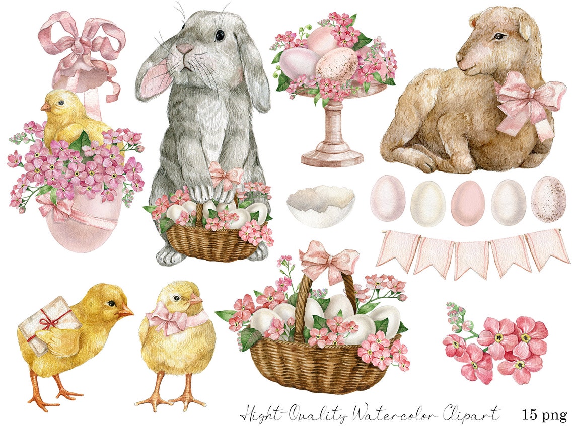 Watercolor Easter Clipart Easter Bunny Clipart Egg Basket | Etsy