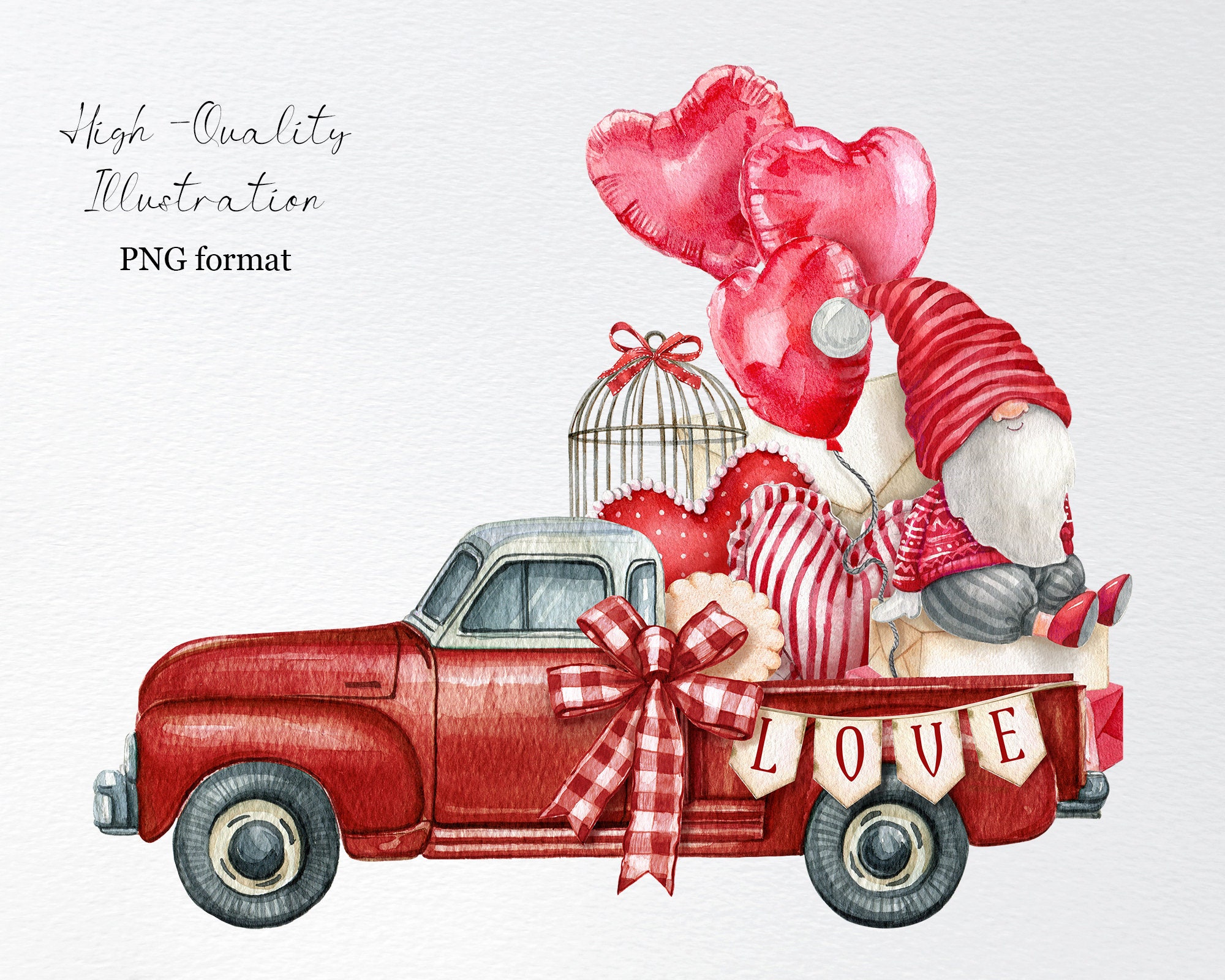 Valentine Gnome Truck Clipartwatercolor Valentine's - Etsy