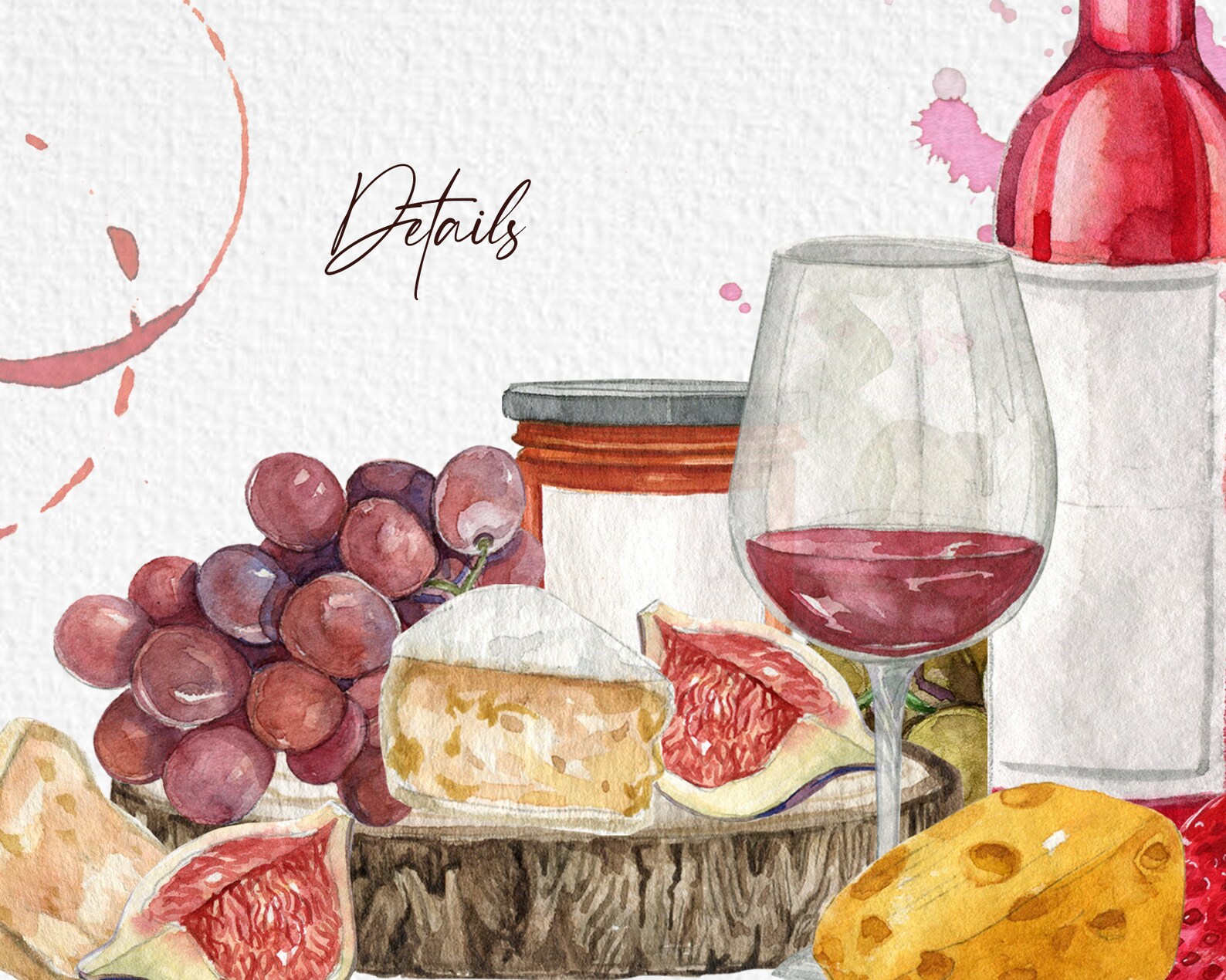 Watercolor Wine & Cheese Clipartpicnic Food Clipartcheese - Etsy