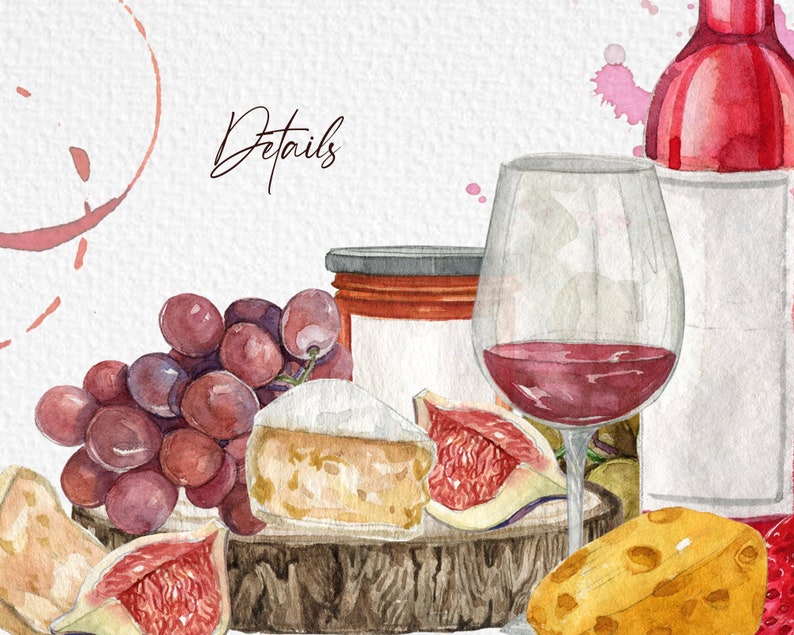 Watercolor Wine & Cheese Clipartpicnic Food Clipartcheese - Etsy