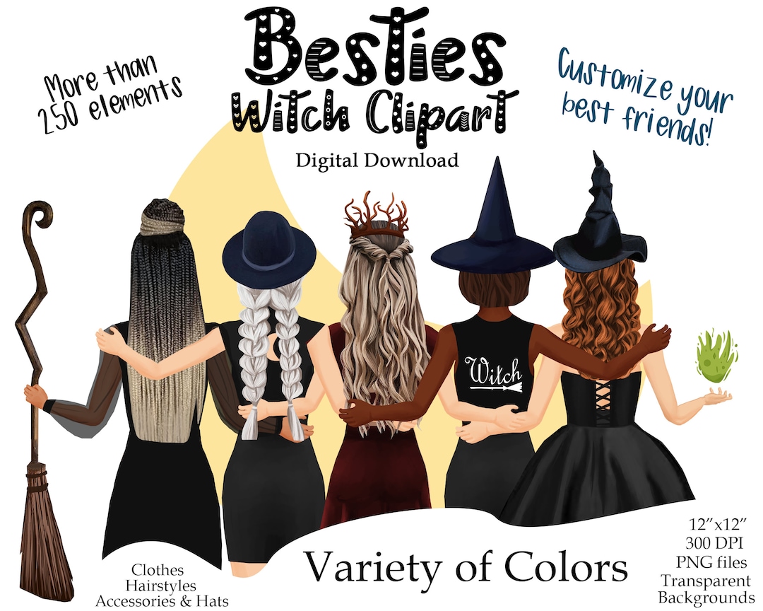 Halloween Witch Friends Clipart: DIY Fashion Illustration (PNG Files ...