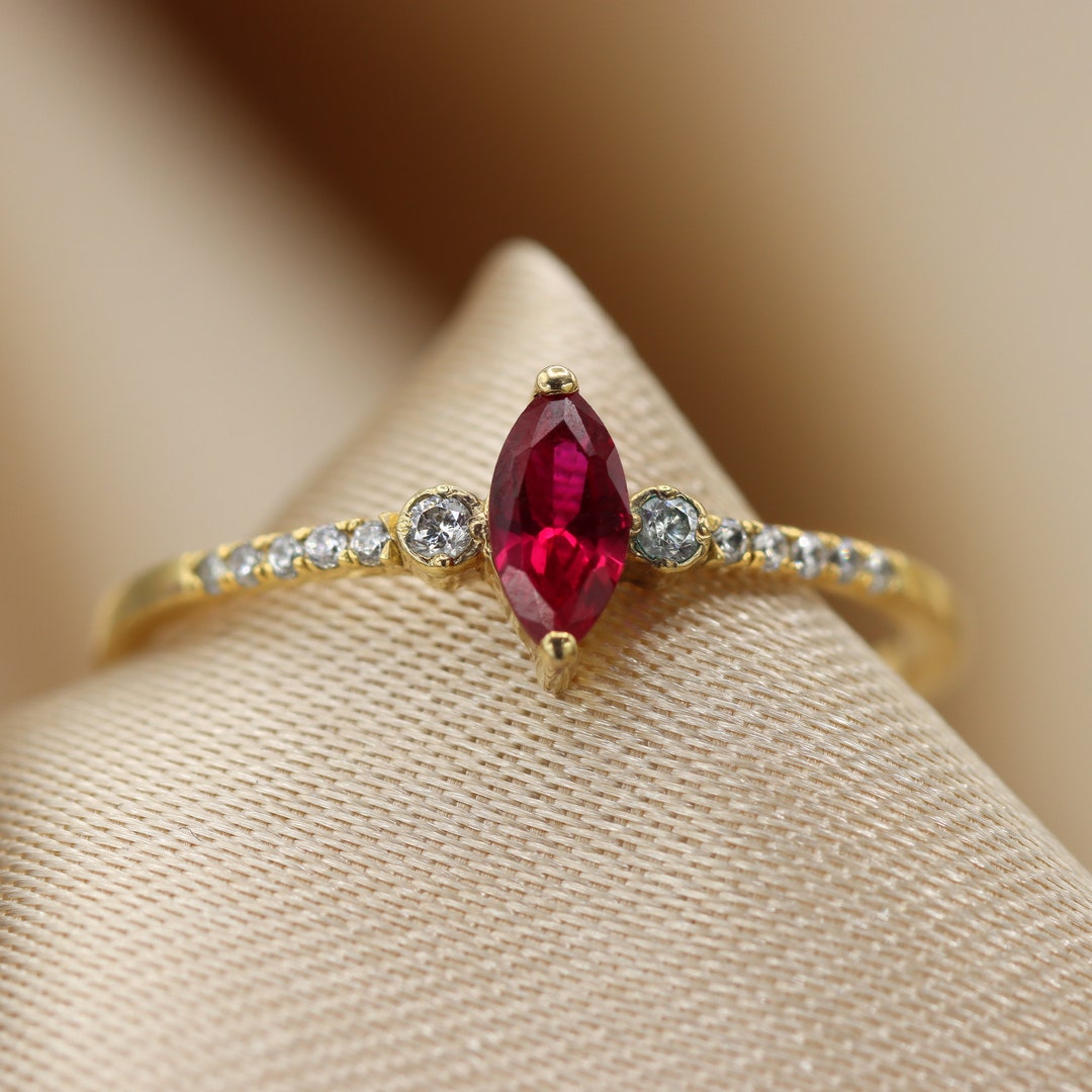 Dainty Gold Vintage Inspired Ruby and Diamond CZ Ring - Stacking Ring ...