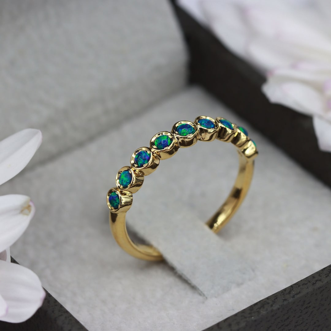 Half Eternity Opal Ring - Handmade Opal Rings for Women - Turquoise ...