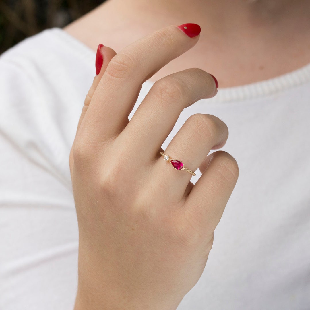 Open Pink Ruby CZ Ring, Pink Gemstone, Dainty Gold Plated Ring, Pear ...